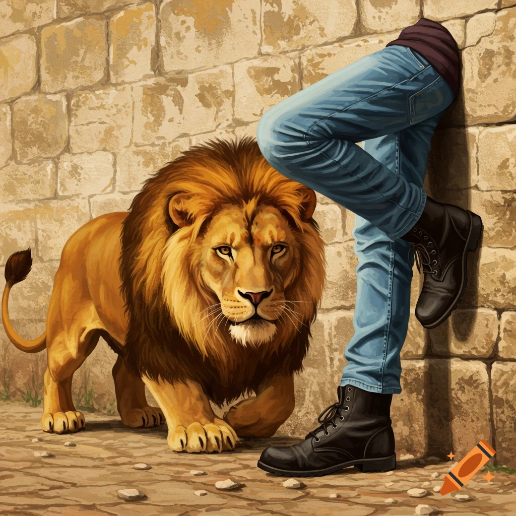 A lion standing next to a pair of human legs by a stone wall. on Craiyon
