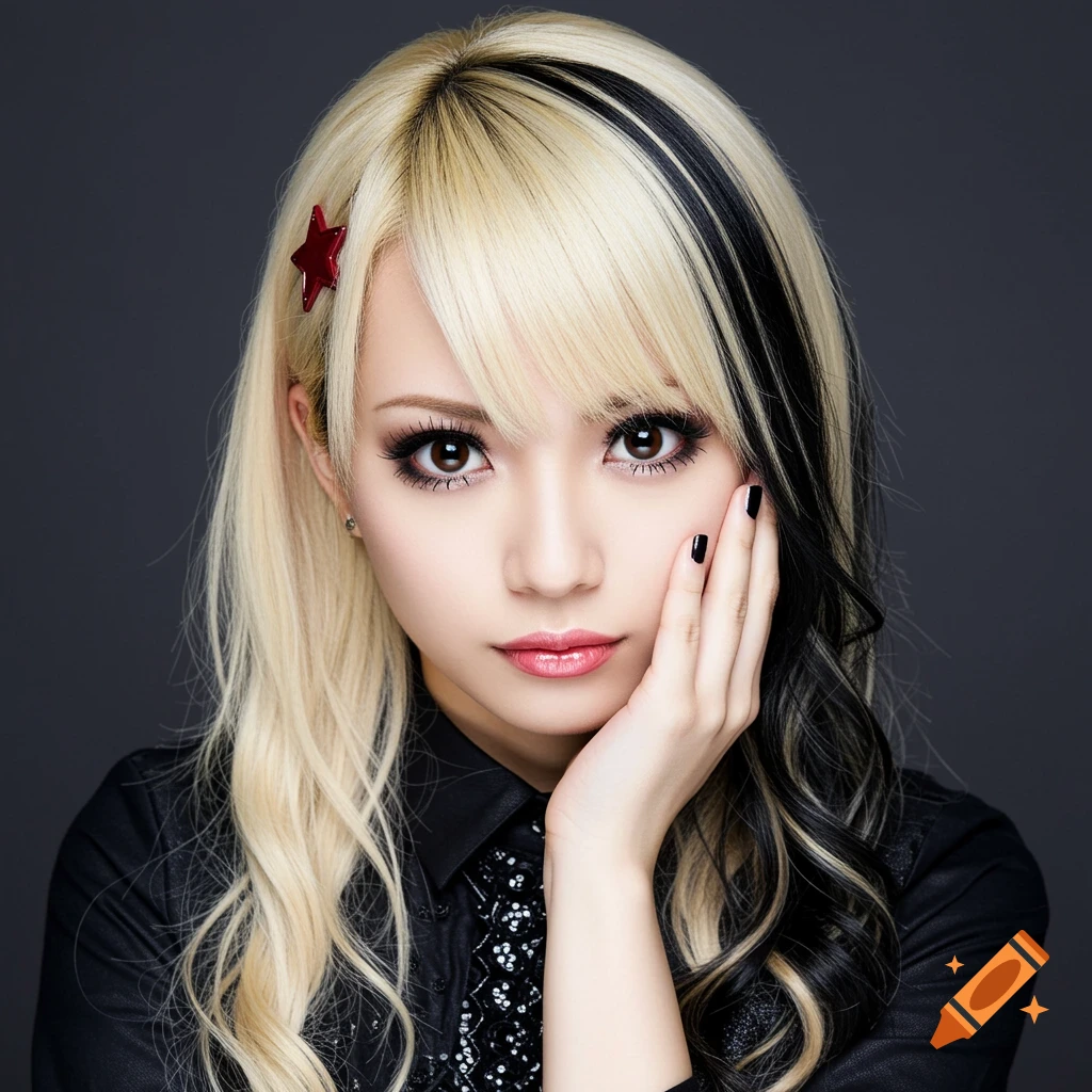 Studio portrait of a young woman with blonde and black streaked hair and a red star clip, hand ...