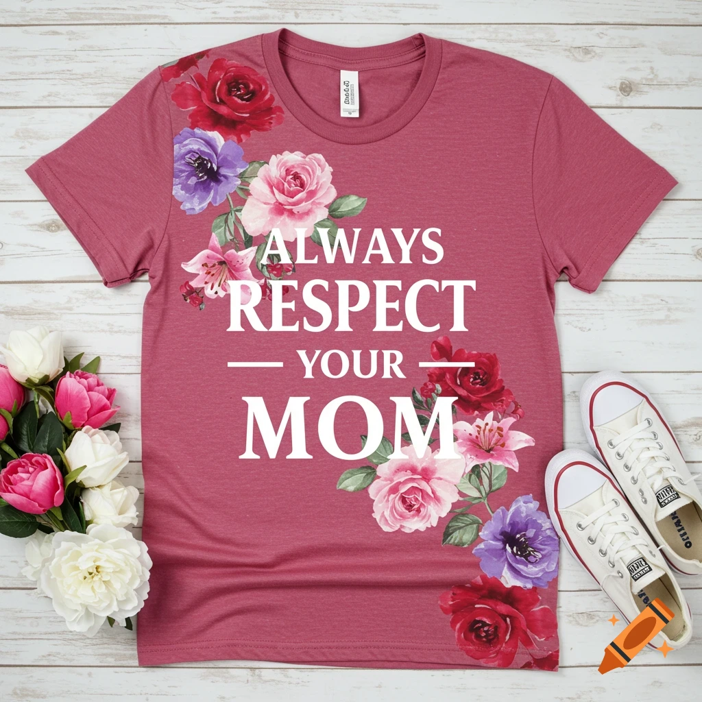 Floral t-shirt design with 'always respect your mom' text on Craiyon