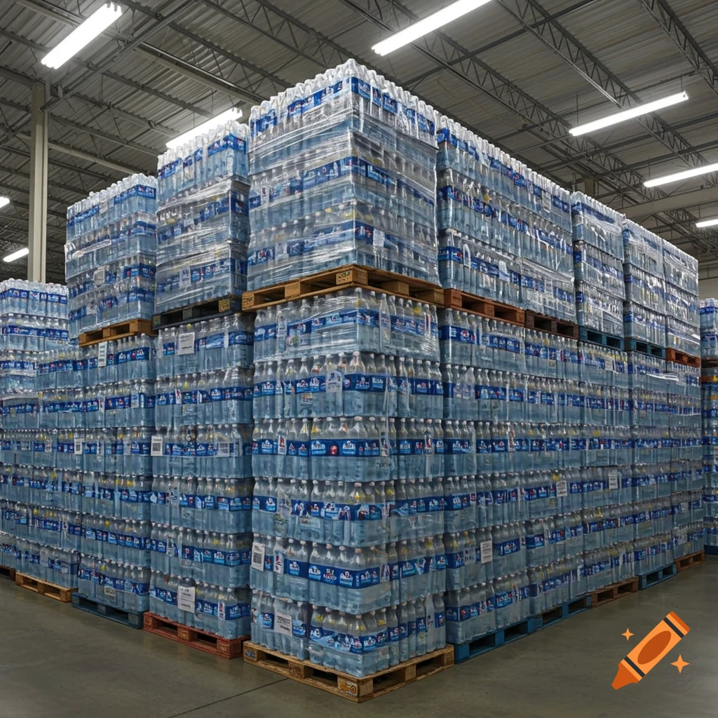 A large pallet of plastic water bottles sits outside a building with a ...