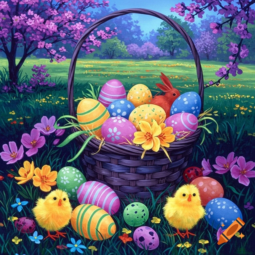 Springtime Easter basket under ultraviolet light on Craiyon