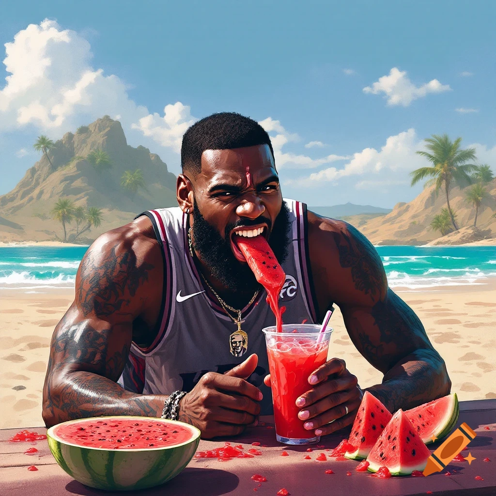 Black guy eating KFC with Kool-Aid and watermelon, wearing a LeBron ...