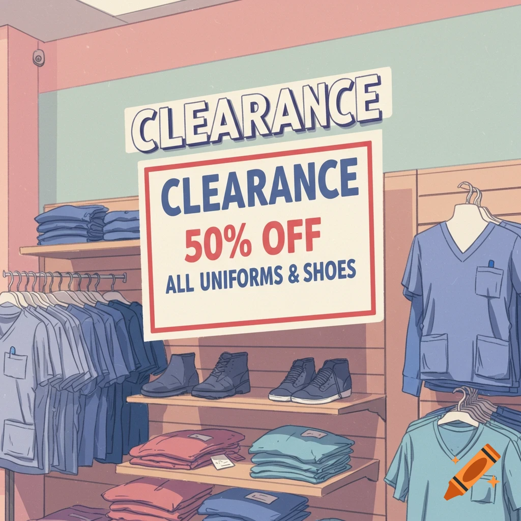 Clearance sign for 50% off all uniforms and shoes on Craiyon