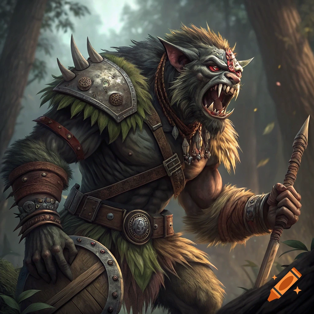 A muscular boar warrior in leather armor standing in a forest. on Craiyon