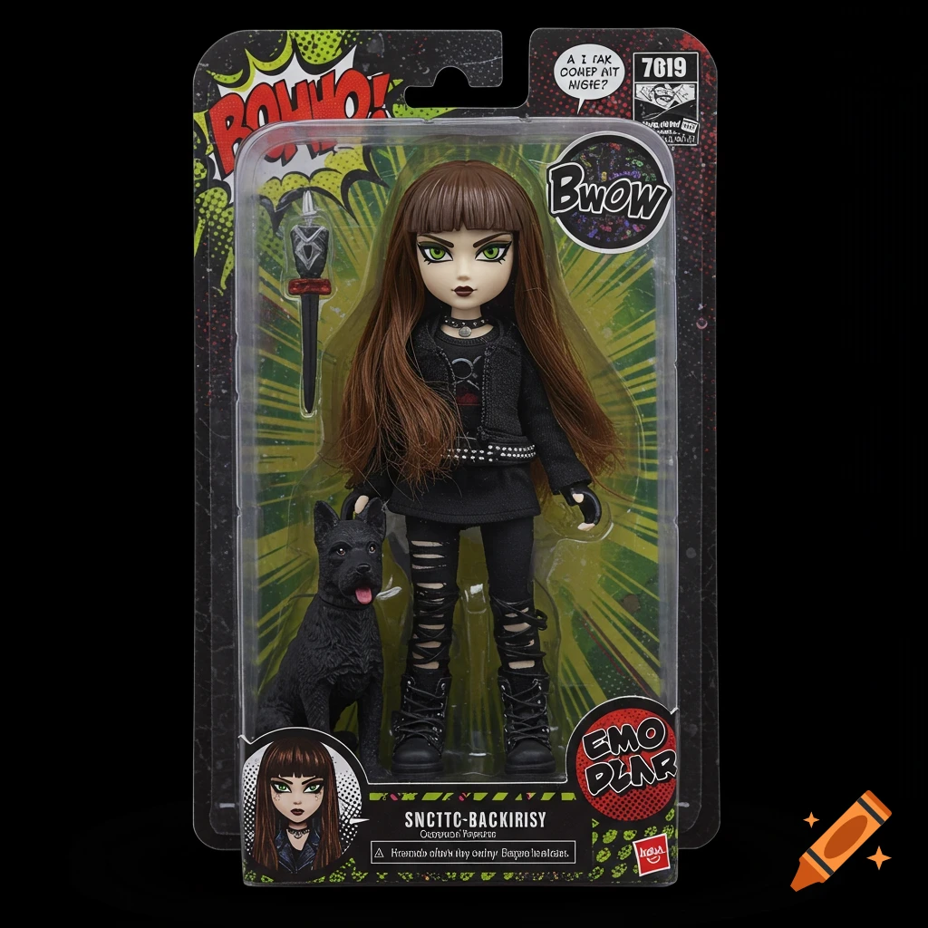 Action figure of an emo girl with a black dog in packaging on Craiyon