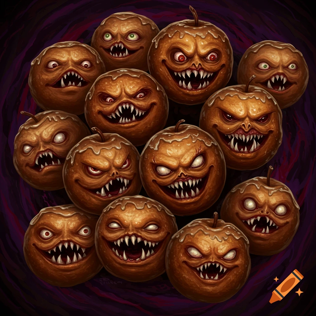 A group of evil, grinning apple fritters with sharp teeth and glowing ...