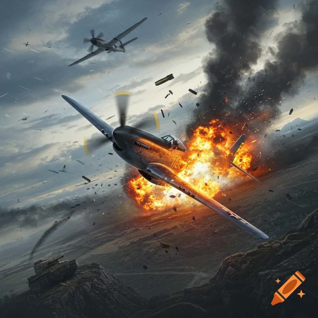 WW2 fighter plane shot down by tank shell on Craiyon