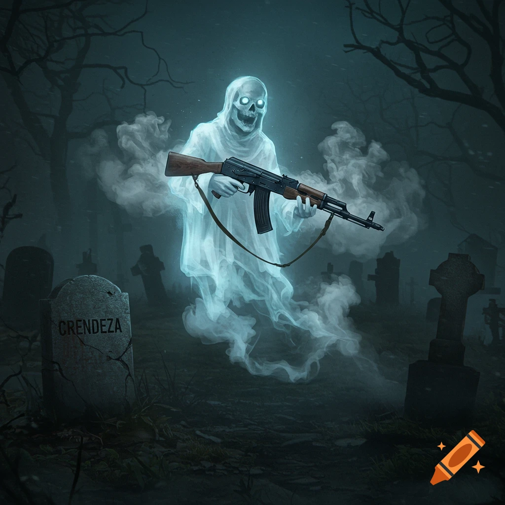 Ghost with AK-47, smoke, and graveyard text CRENDEZA on Craiyon