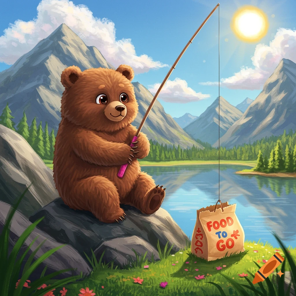 Cute bear fishing in a mountain lake for a bag labeled 'food to go' on ...
