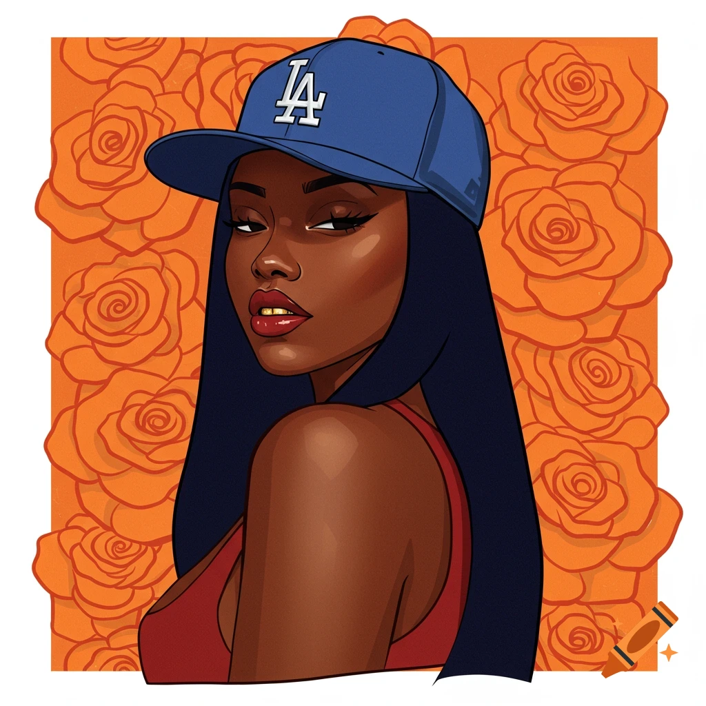 Stylized illustration of a dark-skinned woman with a blue LA baseball ...