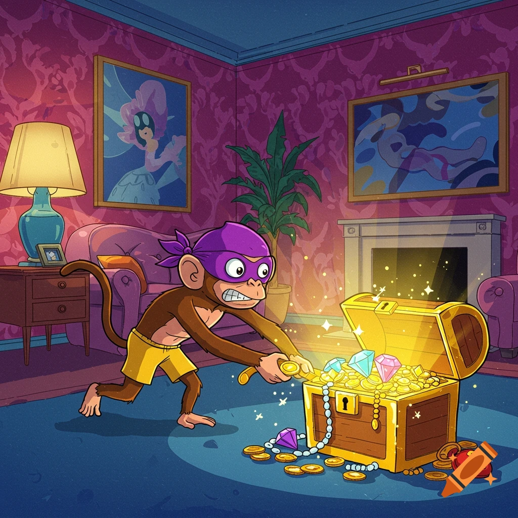 Cartoon monkey with six-pack abs stealing treasure on Craiyon