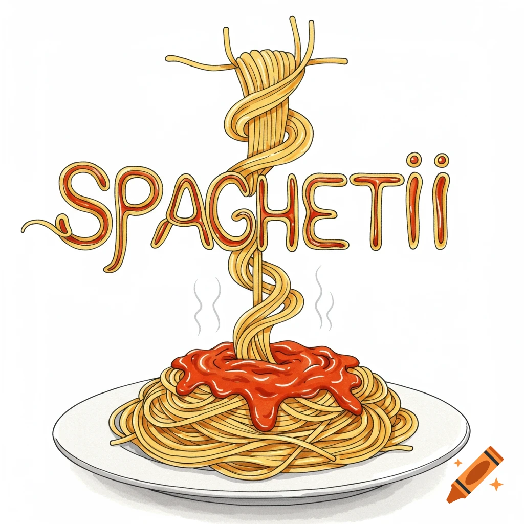 Watercolor vector illustration of spaghetti spelling SPAGHETTII above a ...
