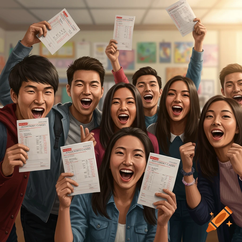 Happy people with report card showing good grades (As and Bs) on Craiyon