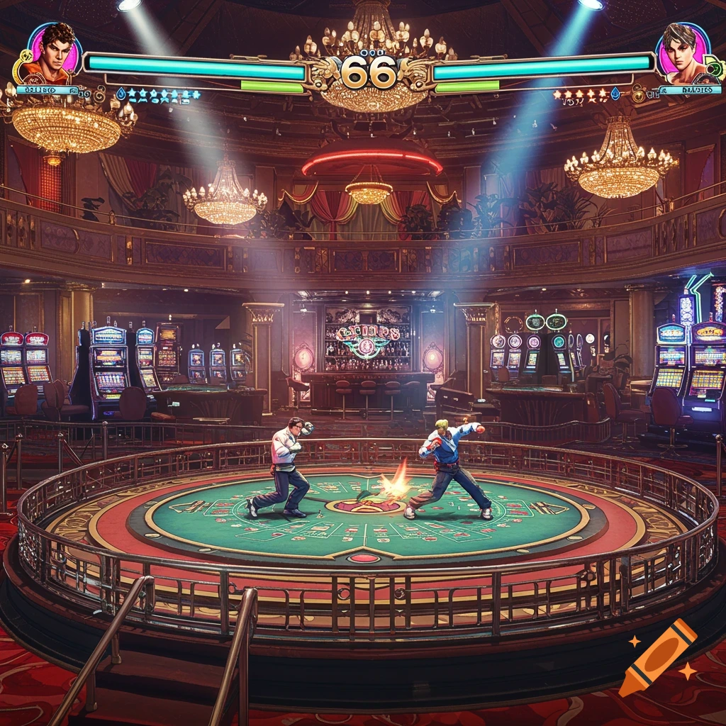 Two fighters on a round stage in a luxurious casino setting with slot ...