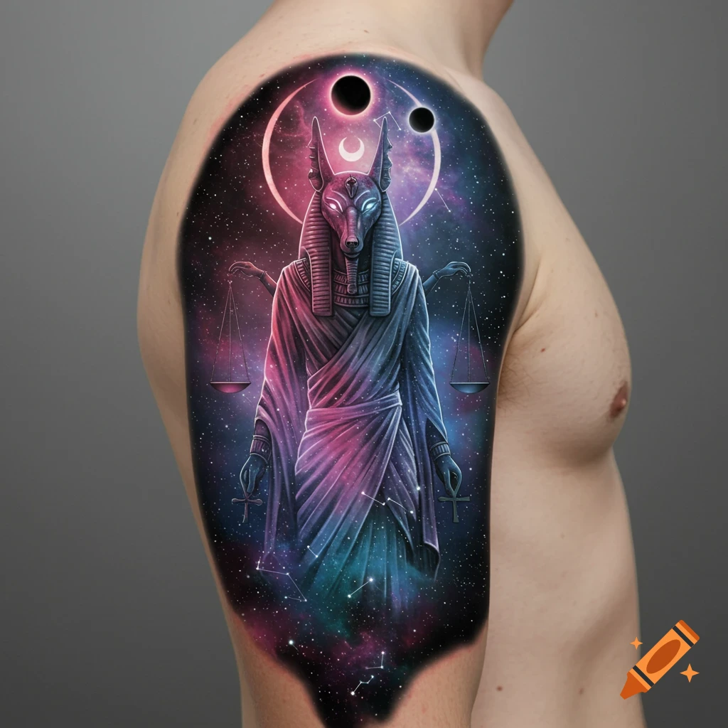 A cosmic Anubis tattoo on an arm, holding scales, against a galaxy ...