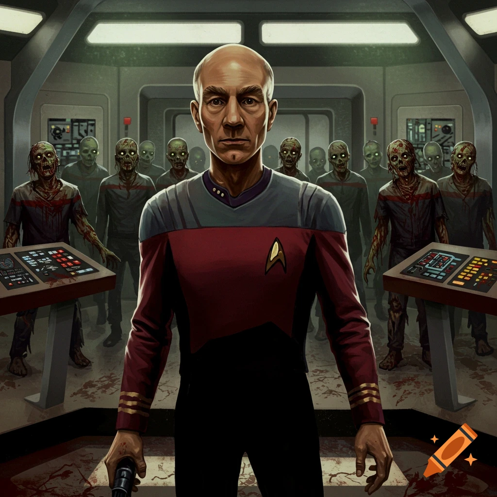 Image of Captain Picard facing zombies on a spaceship bridge. on Craiyon