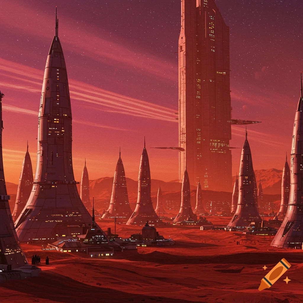 Futuristic community buildings are situated on a red Martian landscape ...
