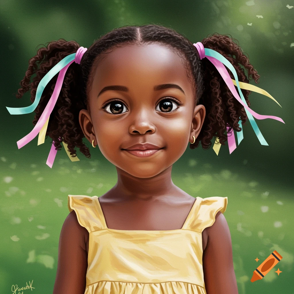 4-year-old African American girl, Lily K, in a yellow sundress with pigtails on Craiyon