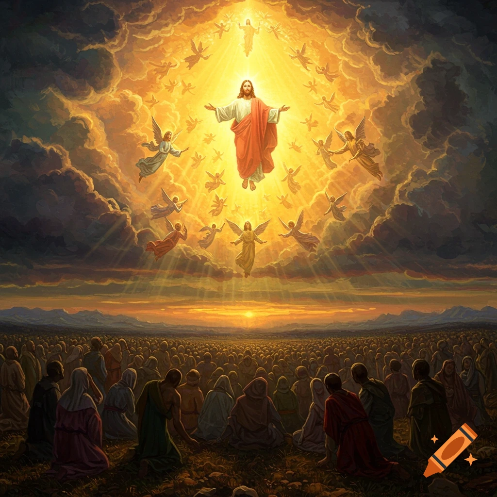 Jesus descending from clouds with angels above a large crowd watching ...