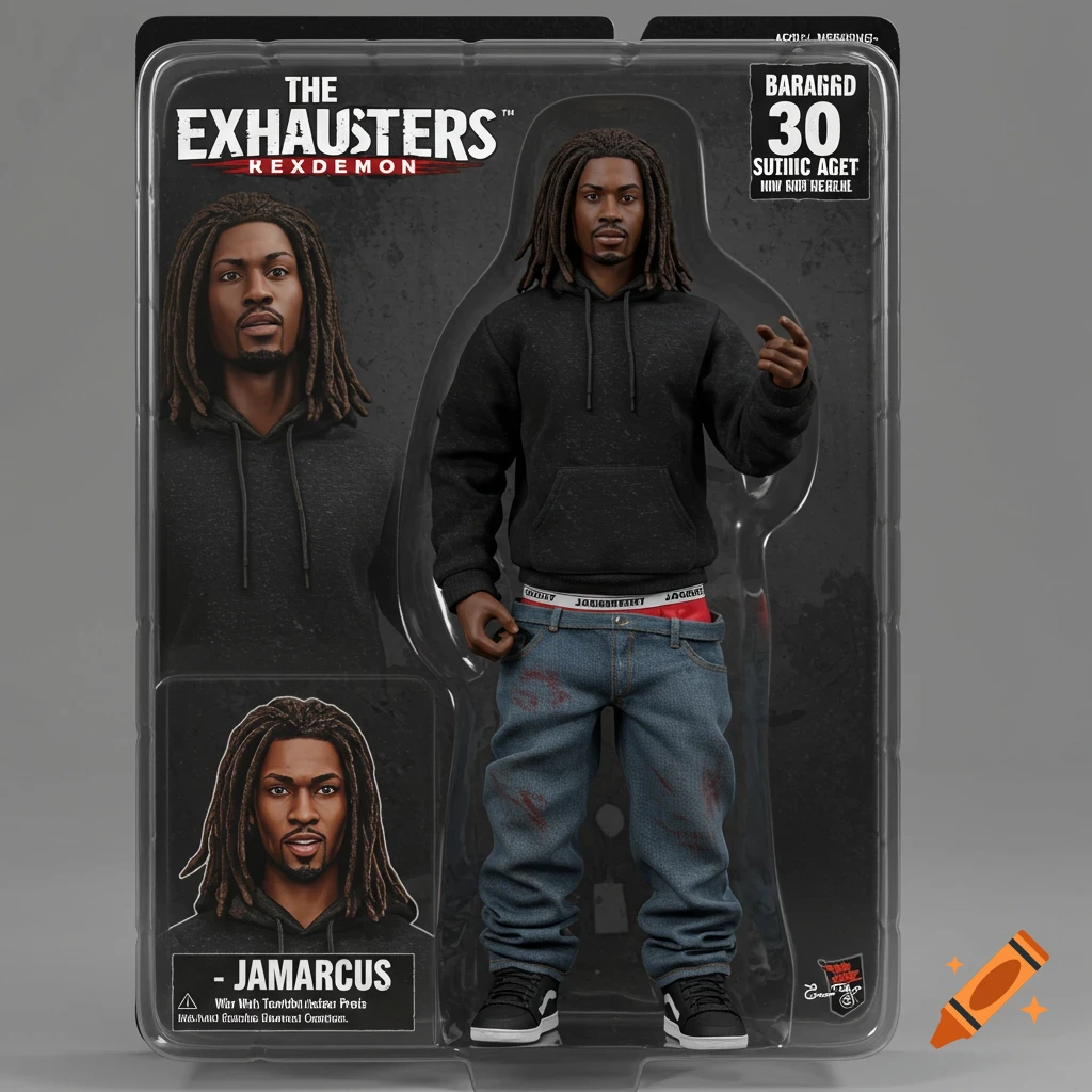 Hyperrealistic photo of an action figure titled 'The Exhausters ...