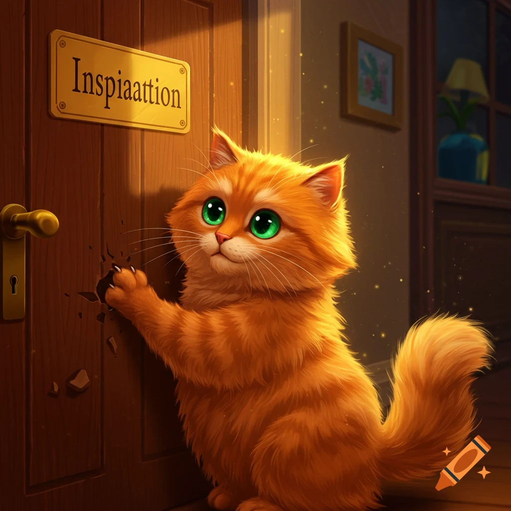 Cat scratching at a door labeled “Inspiration” on Craiyon