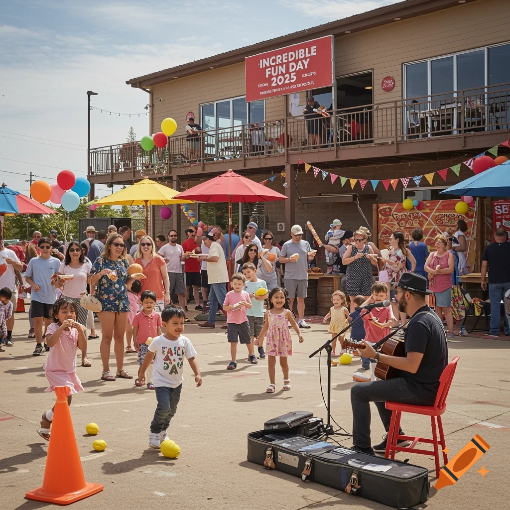 A lively outdoor family event with crowds, children playing, balloons ...