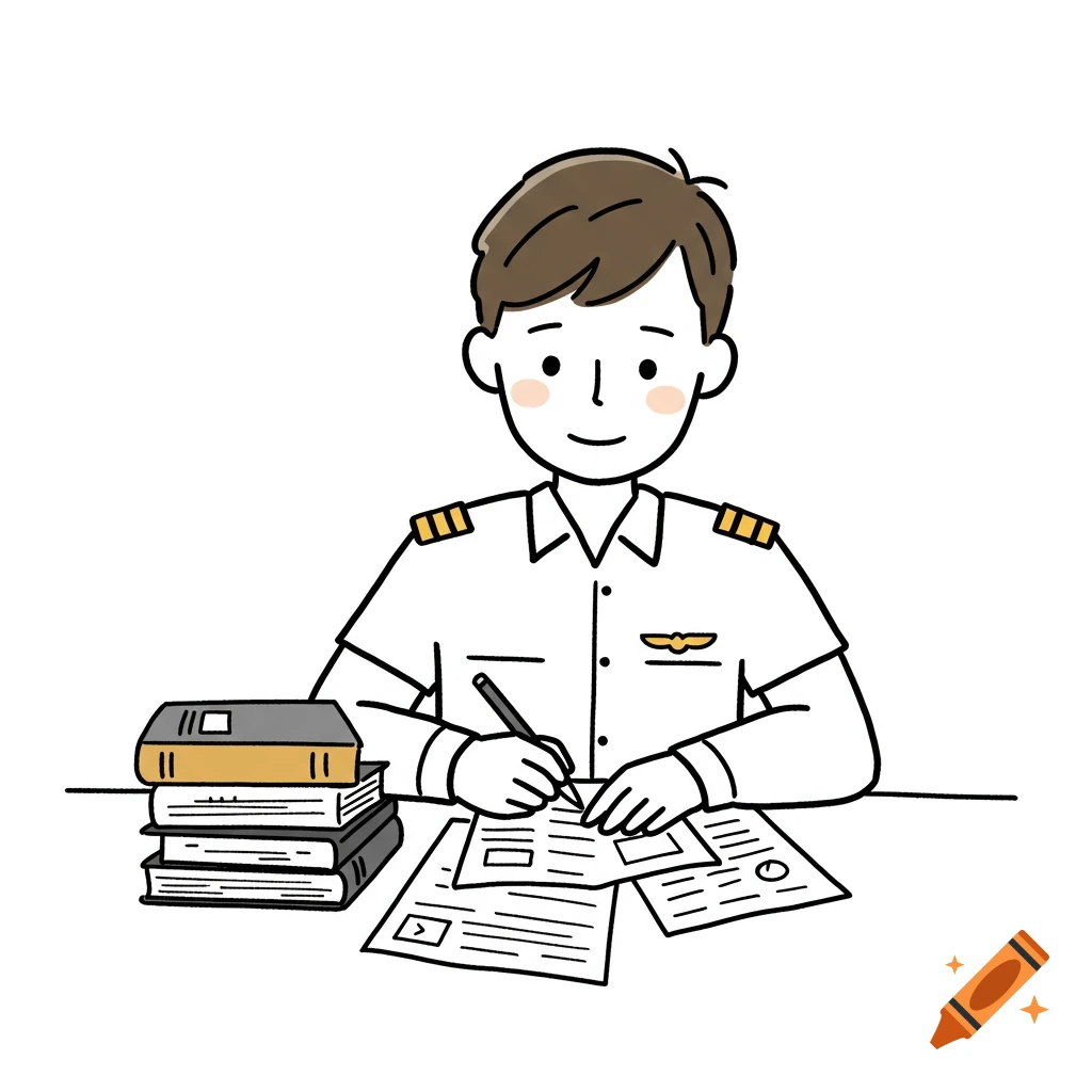 Simple clip art drawing of a student pilot studying with books and ...