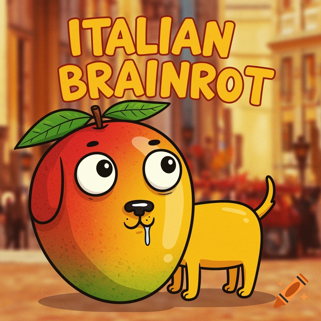 Cartoon of a dog with a mango head, with text 'ITALIAN BRAINROT' above. on Craiyon