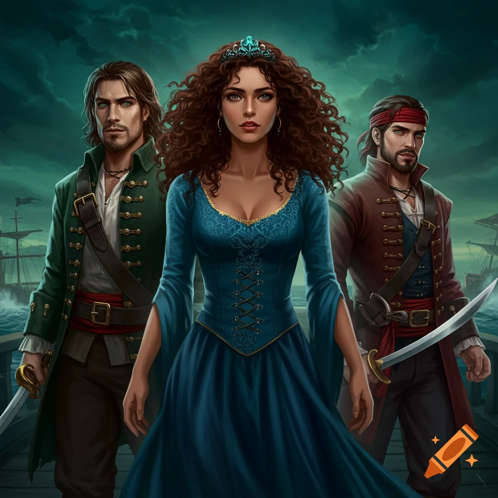 Steamy pirate romance cover featuring a princess and three men on the ...