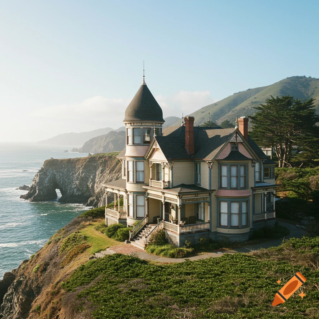 Victorian-style house on a cliff overlooking the ocean, photorealistic ...