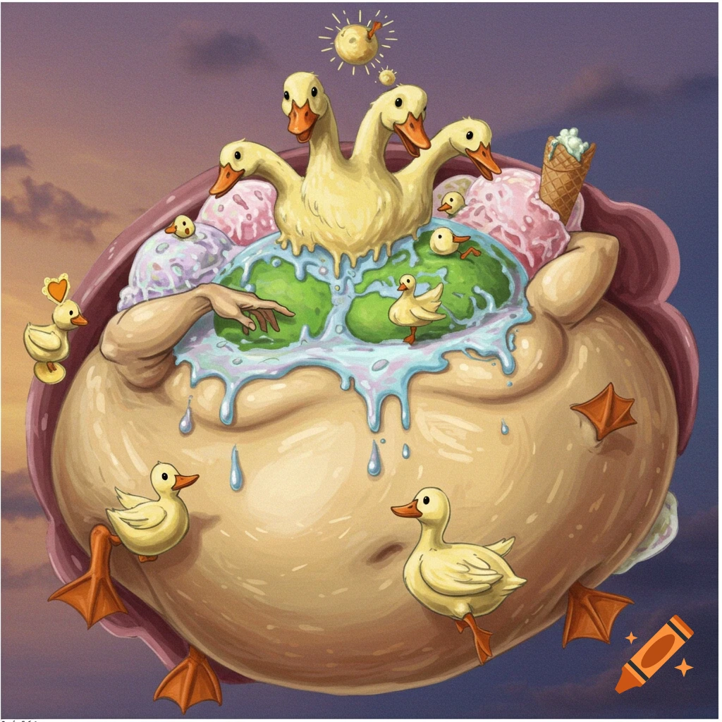 Three-headed duck creating a melting ice cream world on Craiyon