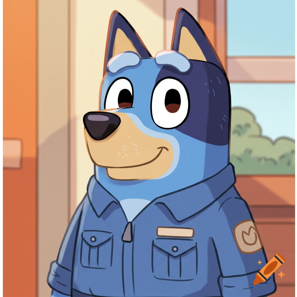 Bandit Heeler wearing a police uniform, in the style of Bluey on Craiyon