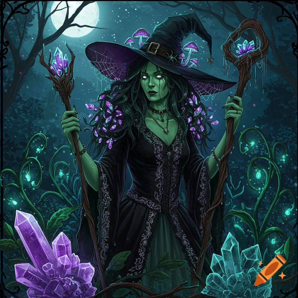 Spooky witch with plants and crystals on Craiyon