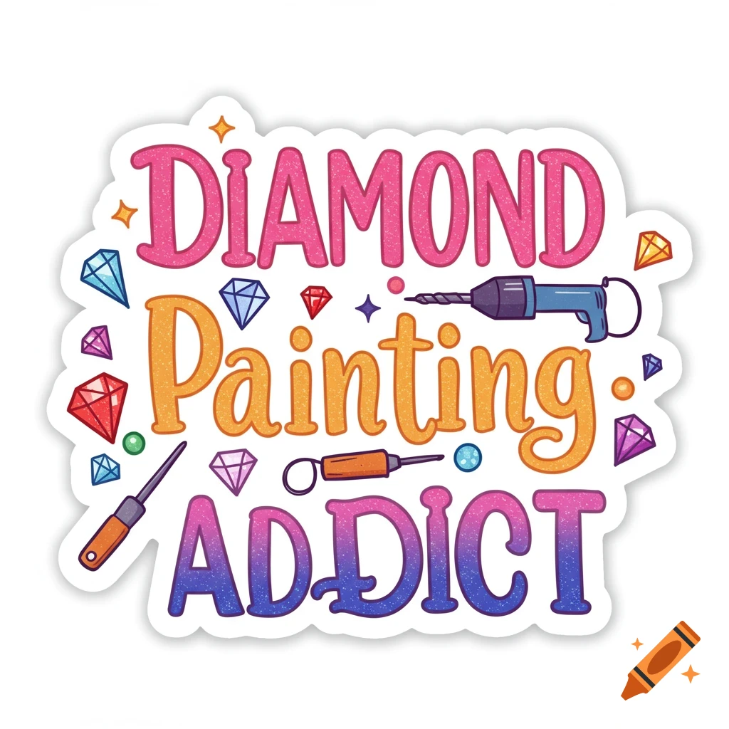 A sticker design featuring the text 'Diamond Painting Addict' with ...