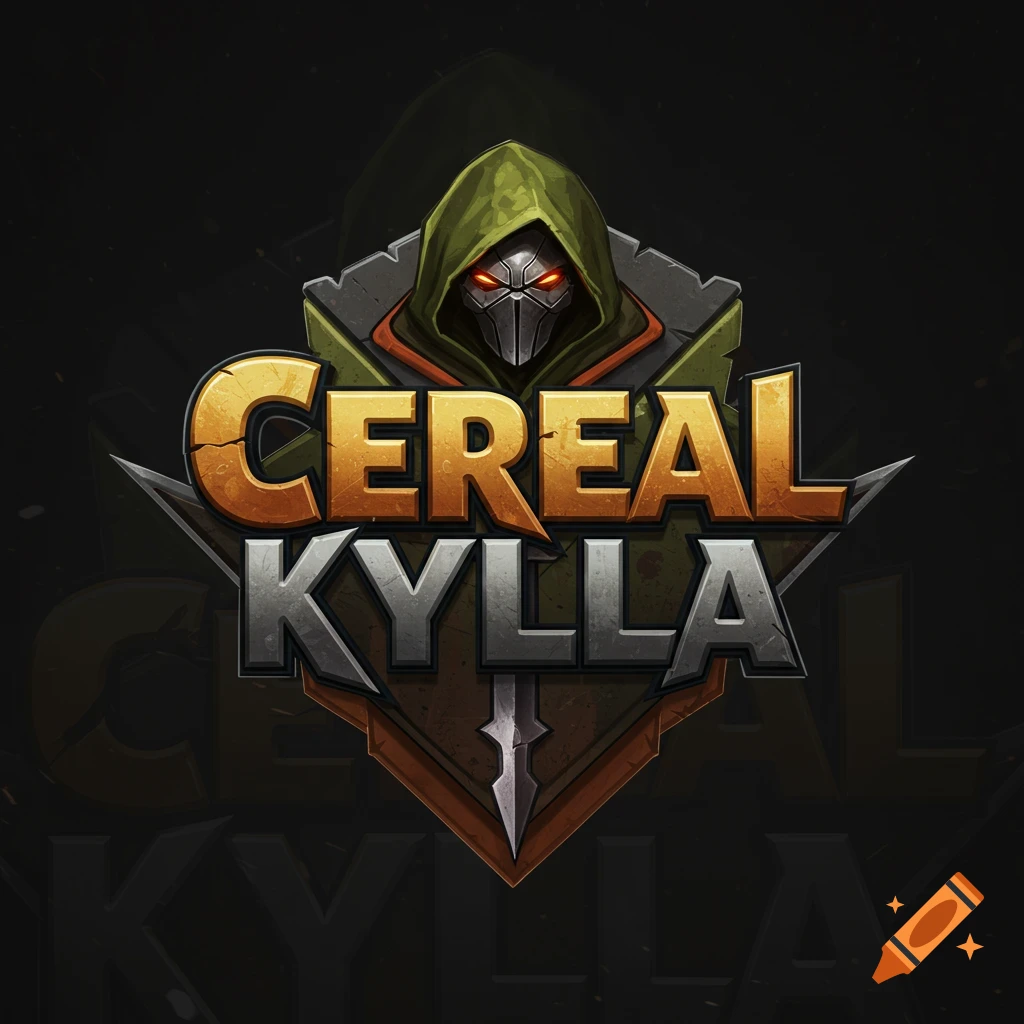 Logo for Cereal Kylla with text and a hooded, masked character. on Craiyon