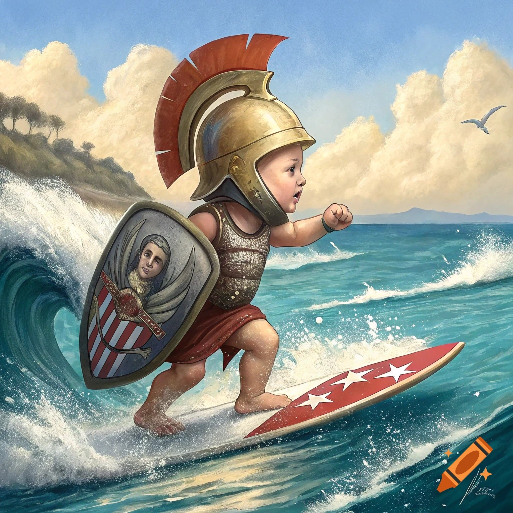 Baby in Spartan gear surfing in Gulf of Mexico, holding Donald Trump on ...