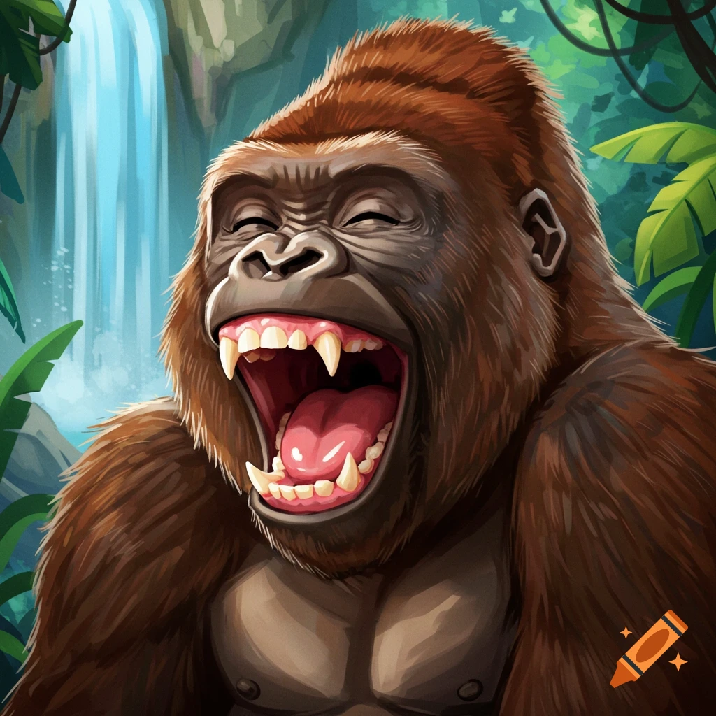 A brown gorilla is shown laughing with its mouth wide open, revealing its teeth. The gorilla is ...