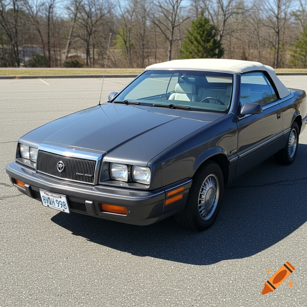 A charcoal gray Chrysler LeBaron convertible parked in a lot. on Craiyon
