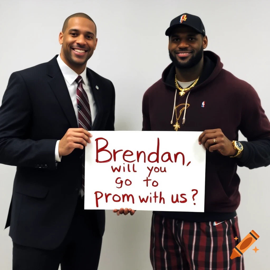 Paul Pierce and LeBron James hold a sign asking Brendan to prom. on Craiyon