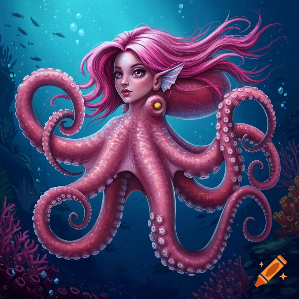 A fantasy creature with pink hair and an octopus body swims underwater ...