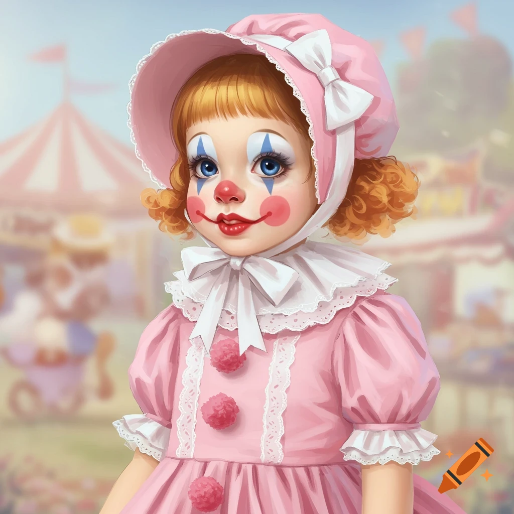 A child-like figure wears clown makeup, a pink dress, and a bonnet ...