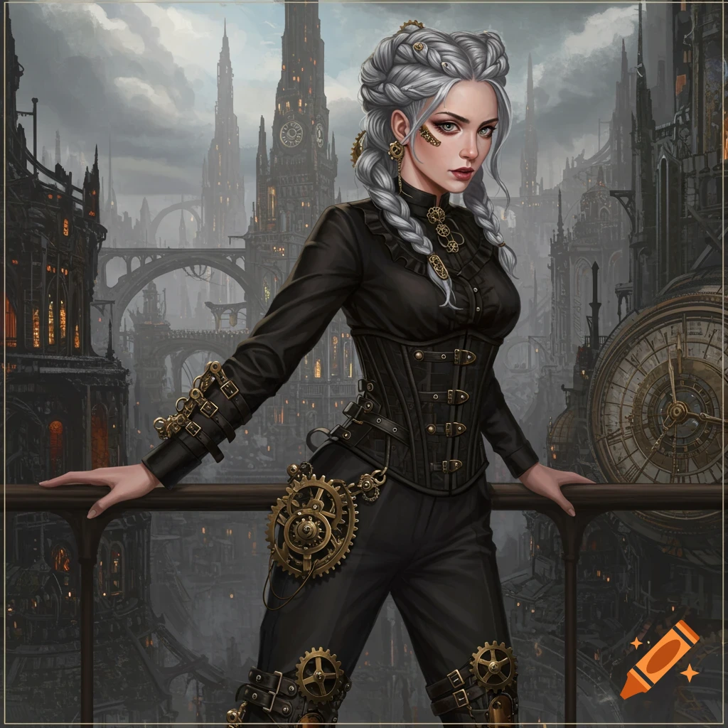 Strong woman in steampunk outfit in futuristic city on Craiyon