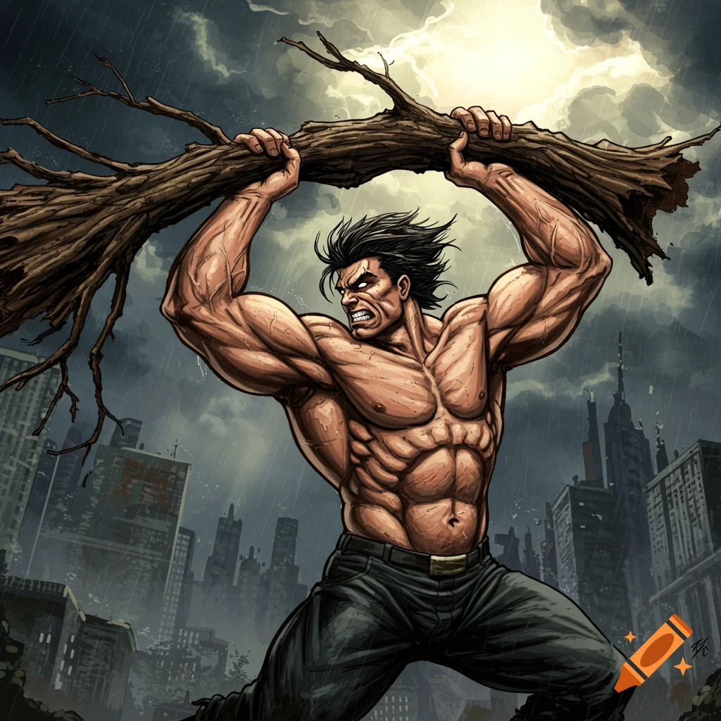 Superhero with large muscles swinging a tree branch on Craiyon