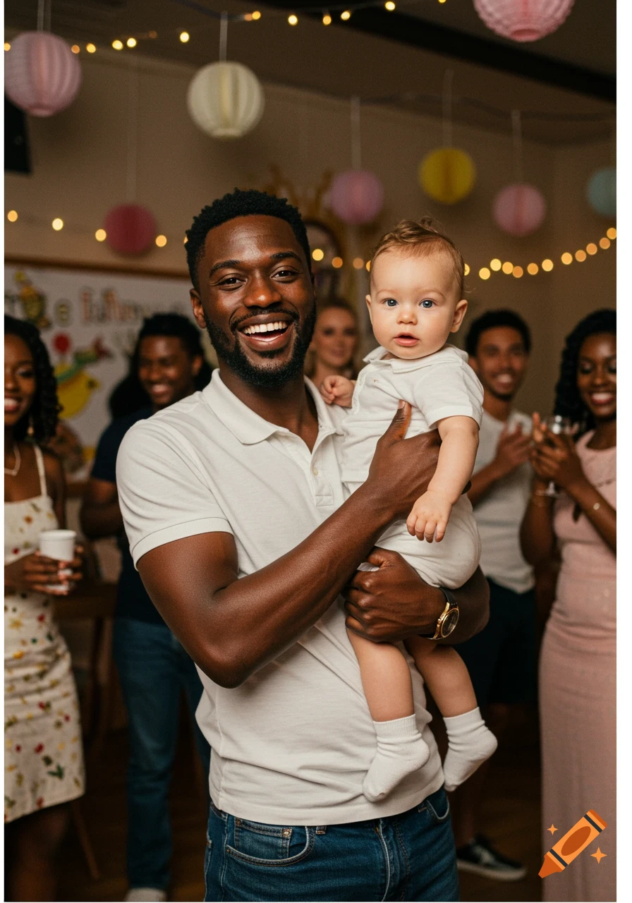Father holding baby at party, Instagram on Craiyon