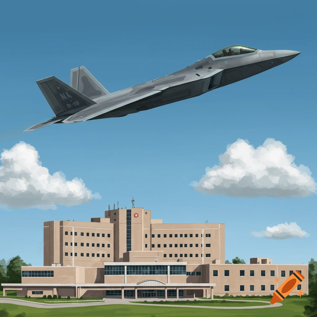 A grey F-22 fighter jet flying over a large beige hospital building ...