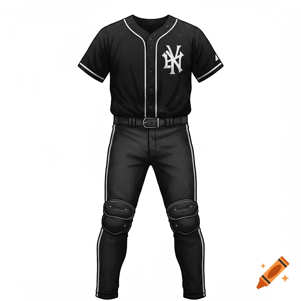 A digital render of a black baseball uniform with white accents and a ...