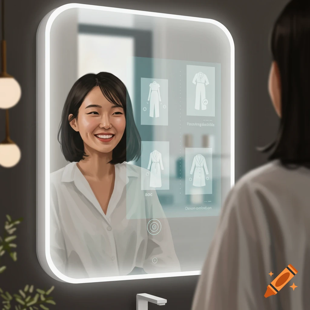 A woman smiles at a smart mirror displaying potential outfit choices as ...