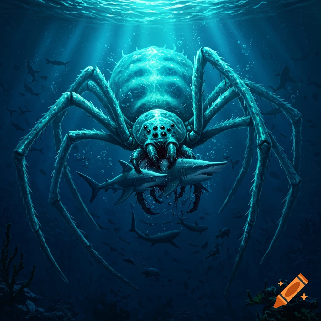 A giant aqua spider eating sharks underwater. on Craiyon