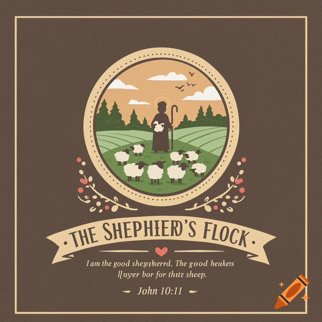 Logo for The Shepherd’s Flock daycare with John 10:11 on Craiyon