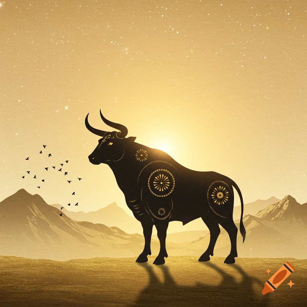 Silhouette of a black ox with golden patterns in a golden, starry ...